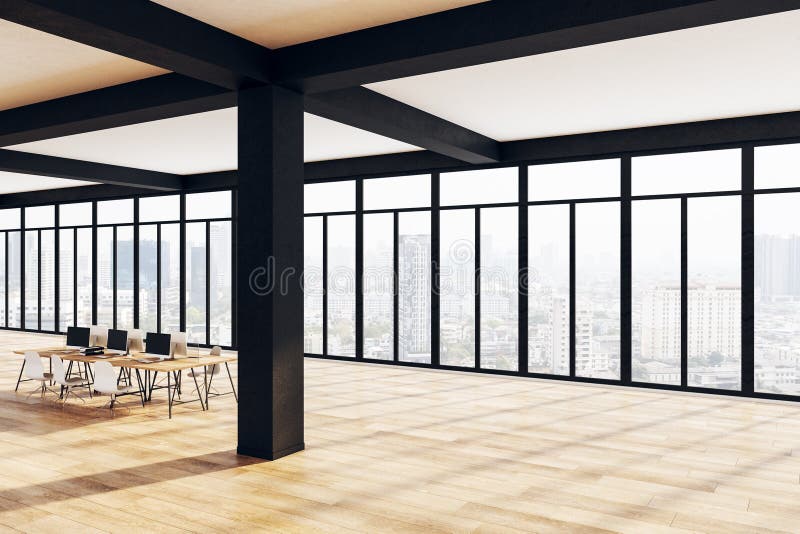 Clean Interior with Columns, Computer on Table Stock Illustration ...