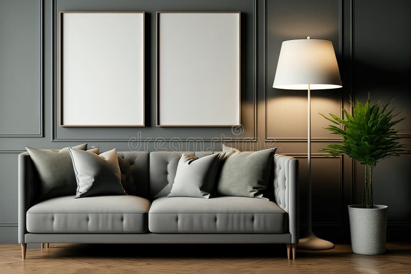 Clean Interior Design. White Room with Couch and Lamp with Frame on the ...