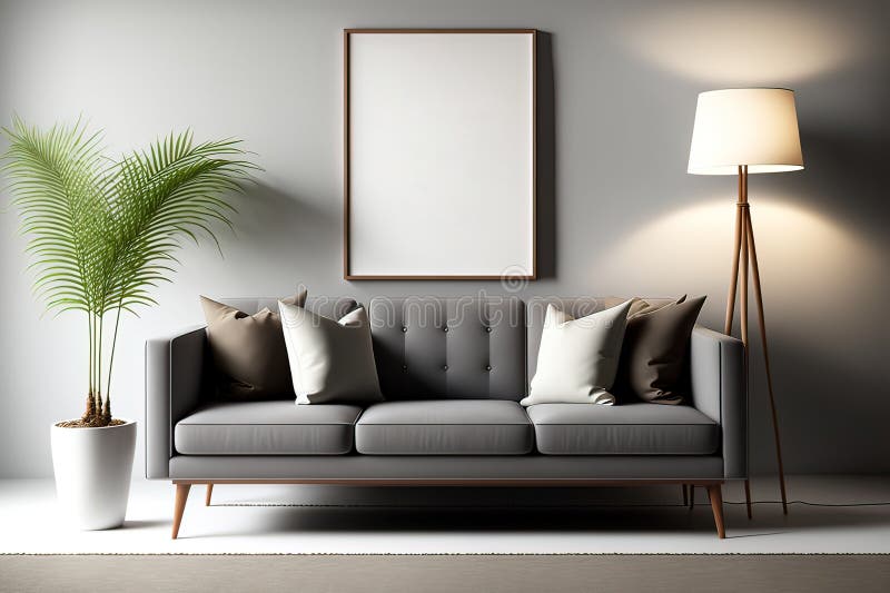 Clean Interior Design. White Room with Couch and Lamp with Frame on the ...