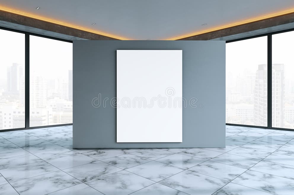 Clean Interior with Empty White Mock Up Banner, Panoramic Windows, City ...