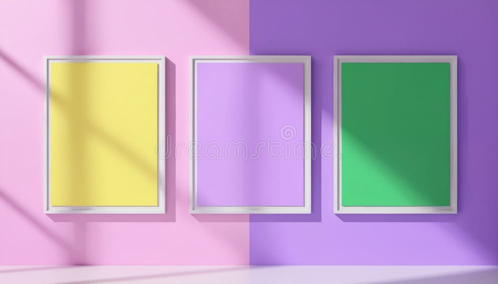 Clean Interior Three Empty White Frames on Pastel Split Wall. Yellow ...