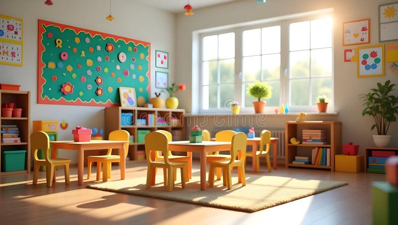 Clean Kindergarten Classroom with Colorful Decorations Stock ...