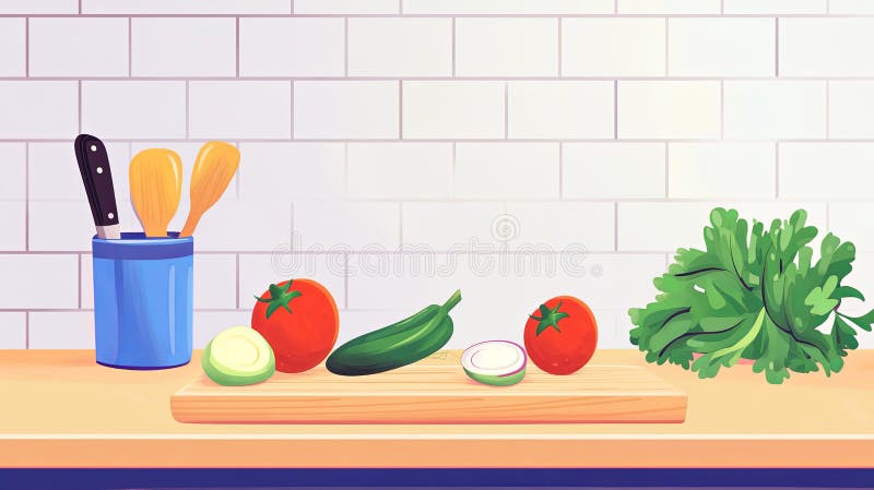 A Clean Kitchen Counter with a Cutting Board, Fresh Vegetables Stock ...