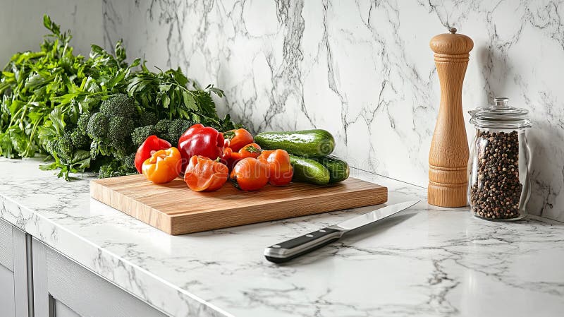 A Clean Kitchen Counter with a Cutting Board, Fresh Vegetables Stock ...