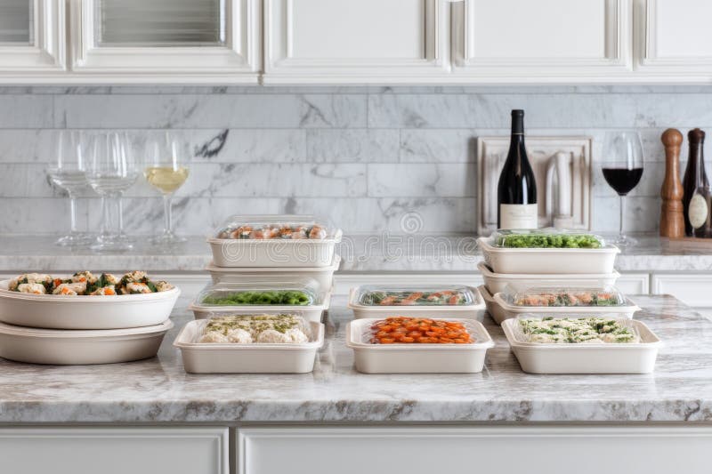 Organized Kitchen Counter with Prepared Frozen Entrees Arranged in Neat ...