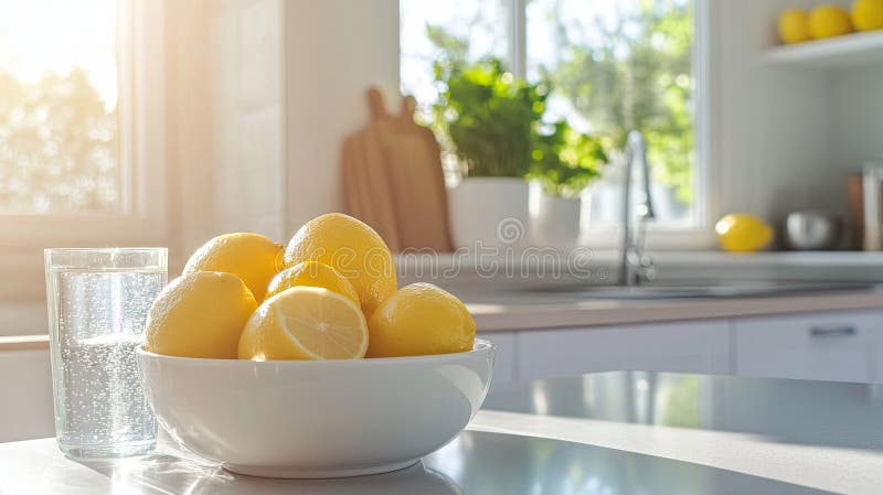 A Clean Kitchen Counter Featuring a Bowl of Fresh Lemons and a Glass ...
