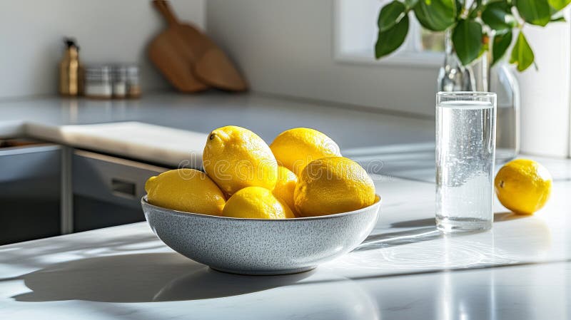 A Clean Kitchen Counter Featuring a Bowl of Fresh Lemons and a Glass ...