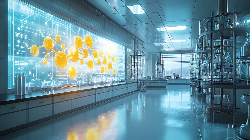 Clean Laboratory with Colorful Molecular Graphics on Wall, Showcasing ...