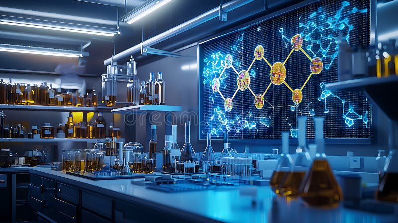 Clean Laboratory with Colorful Molecular Structures Displayed Screen ...