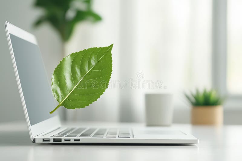 A Clean Laptop Rests on a White Surface Featuring a Vibrant Green Leaf ...