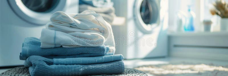 Clean Laundry Folded on a Counter Next To a Washing Machine. the ...