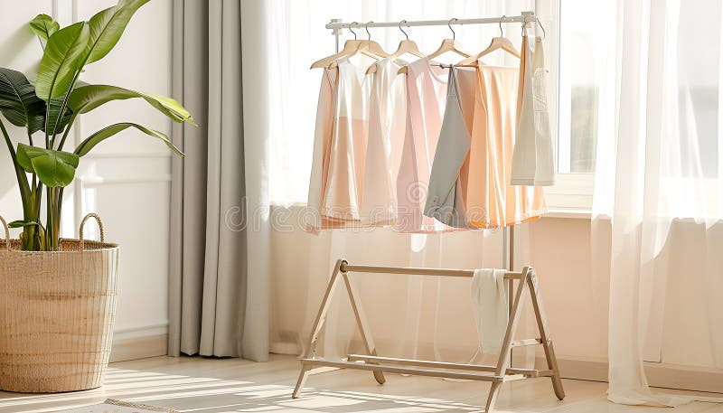 Clean Laundry Hanging on Drying Rack Indoors Stock Image - Image of ...