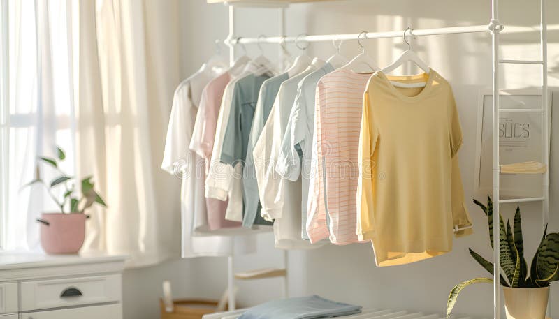 Clean Laundry Hanging on Drying Rack Indoors Stock Image - Image of ...