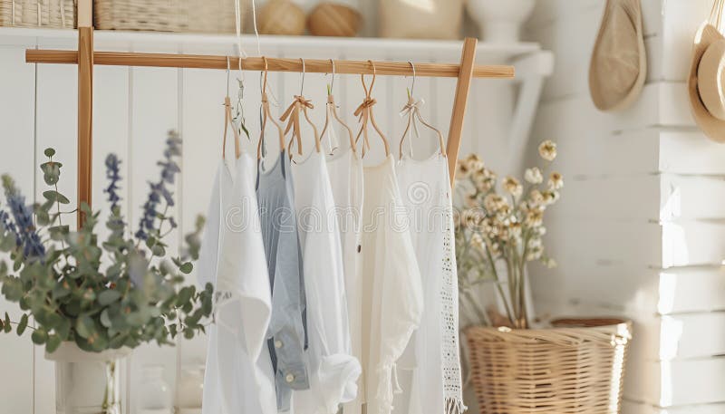 Clean Laundry Hanging on Drying Rack Indoors Stock Photo - Image of ...