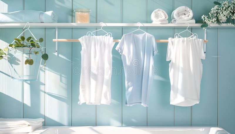 Clean Laundry Hanging on Drying Rack Indoors Stock Photo - Image of ...