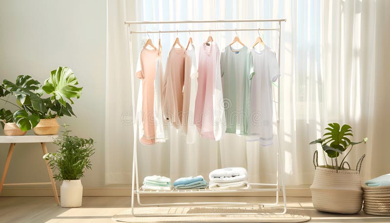 Clean Laundry Hanging on Drying Rack Indoors Stock Photo - Image of ...