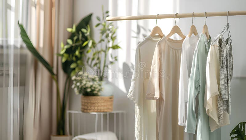 Clean Laundry Hanging on Drying Rack Indoors. Stock Image - Image of ...