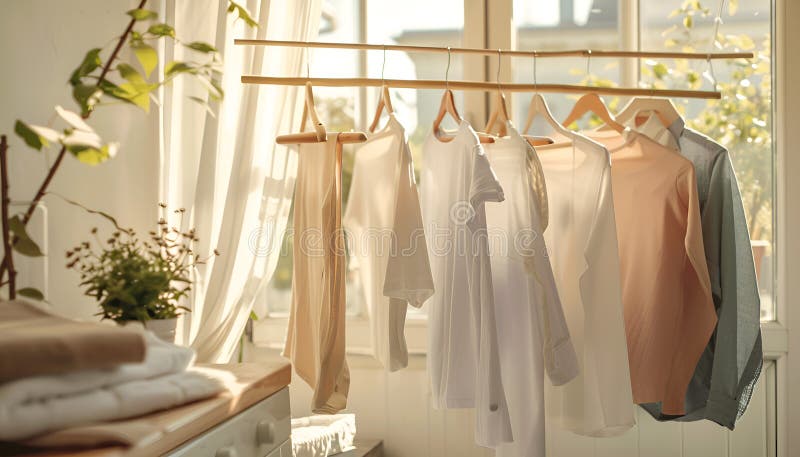 Clean Laundry Hanging on Drying Rack Indoors. Stock Image - Image of ...