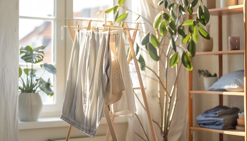 Clean Laundry Hanging on Drying Rack Indoors. Stock Image - Image of ...