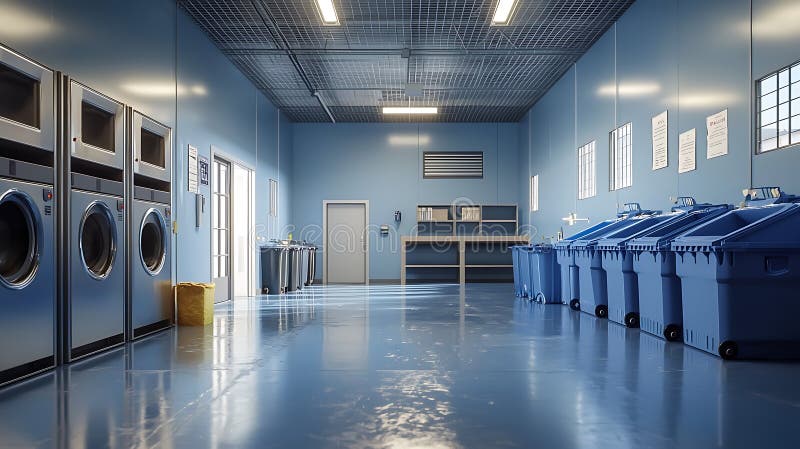 Clean Laundry Room Featuring Washing Machines, Blue Bins, and Bright ...
