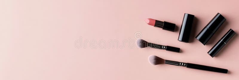 A Clean Layout Features Lipstick, Makeup Brushes, and Powder ...