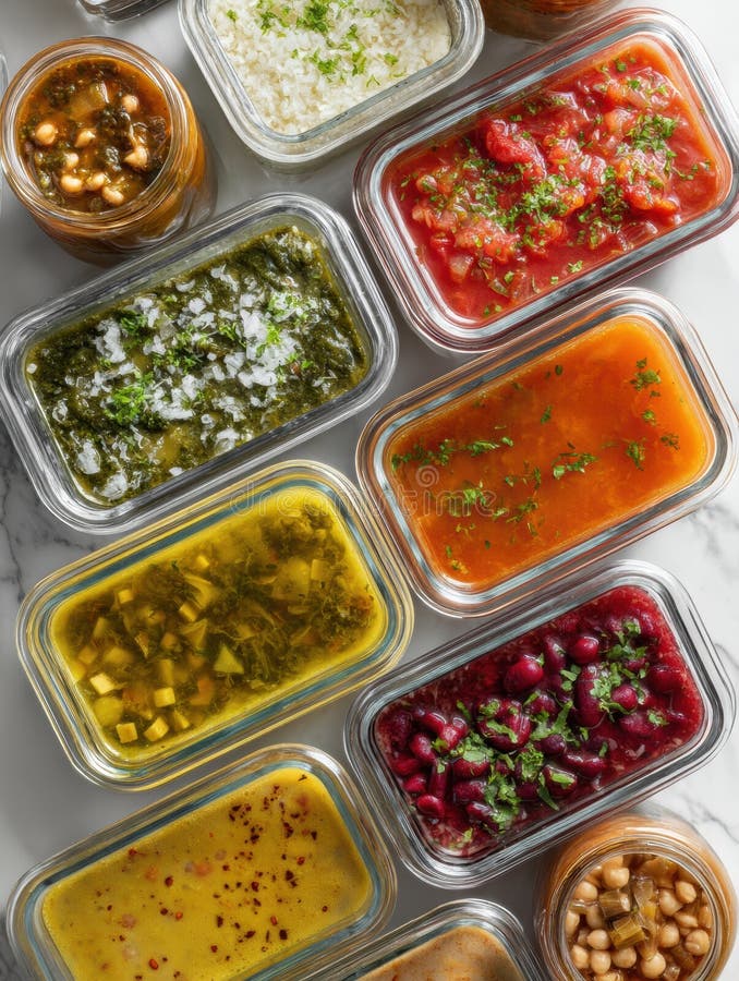 Clean Layout of Frozen Soups in Glass Containers Arranged Neatly for ...