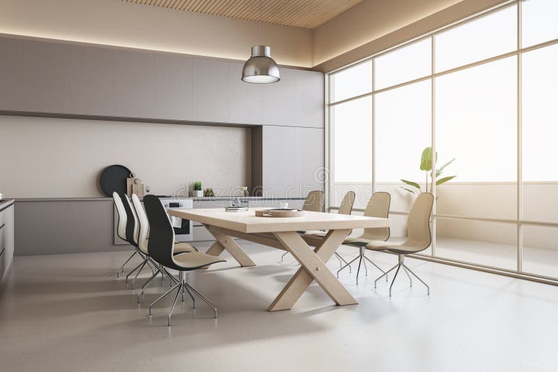 Clean Kitchen Dining Area with Balcony, Panoramic Windows and Lamp ...