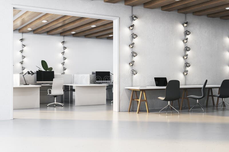 Clean Light Loft Coworking Office Interior with Lamps. Workplace ...