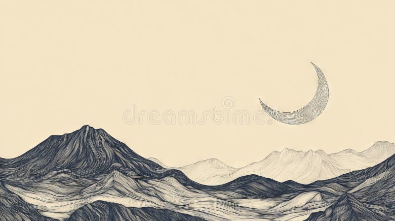Clean Line Illustration of a Mountain Range and Crescent Moon Stock ...