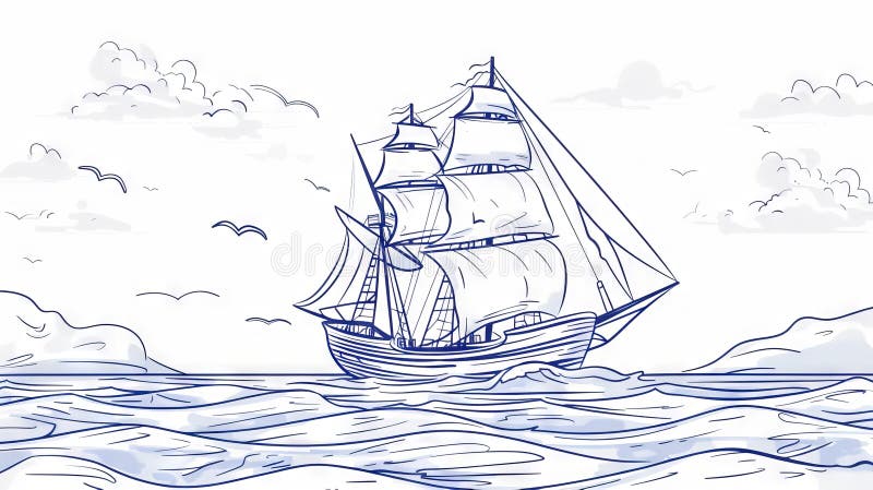 Clean Line Sketch of a Sailing Ship on the Open Sea Stock Illustration ...