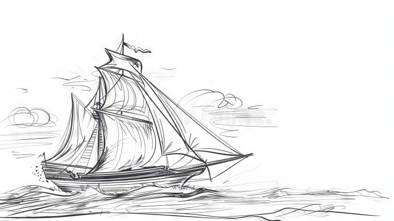 Clean Line Sketch of a Sailing Ship on the Open Sea Stock Illustration ...