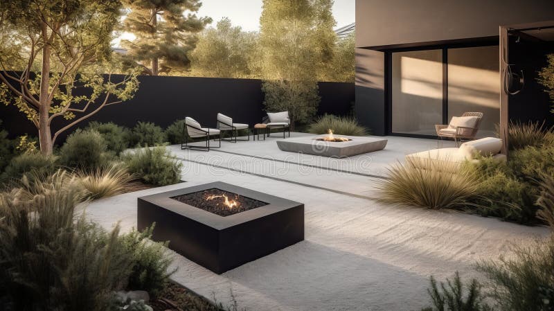 A Clean-lined Backyard with a Minimalist Fire Pit and Low-maintenance ...