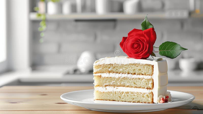 Clean-Lined Cake with Delicate White Icing and Red Rose Stock Photo ...