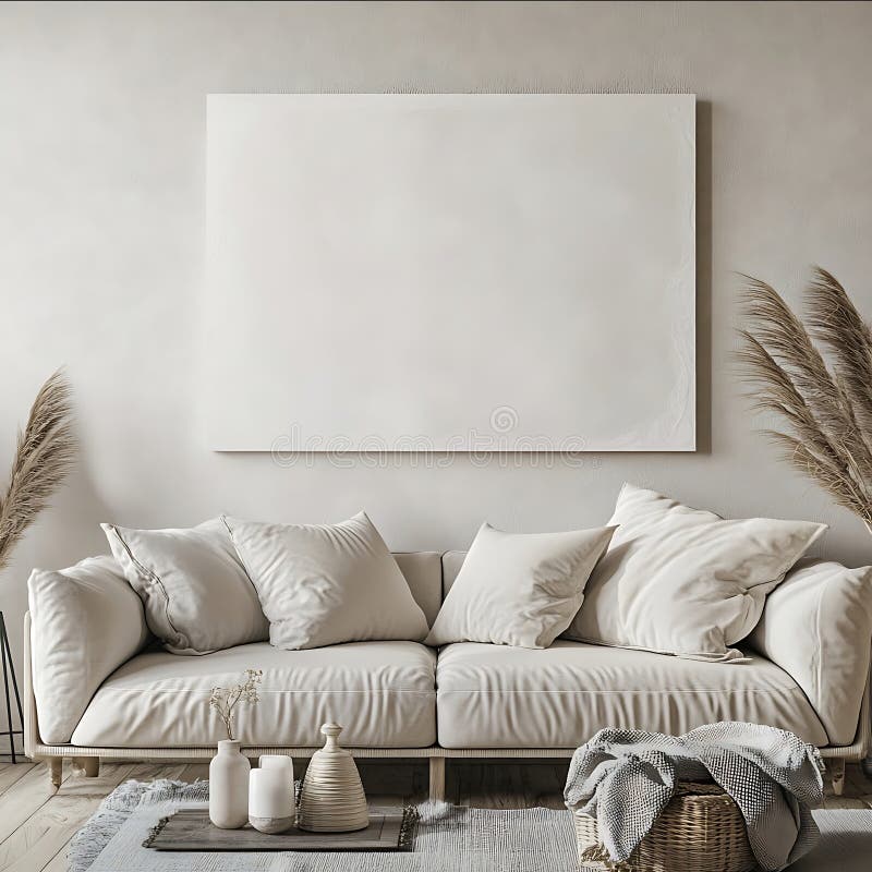 A Clean Living Room Scene with a White Canvas on the Wall Real Blurred ...