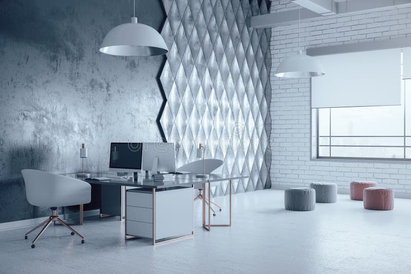 Clean Loft Interior Room with Workplace, Computer and City View Stock ...