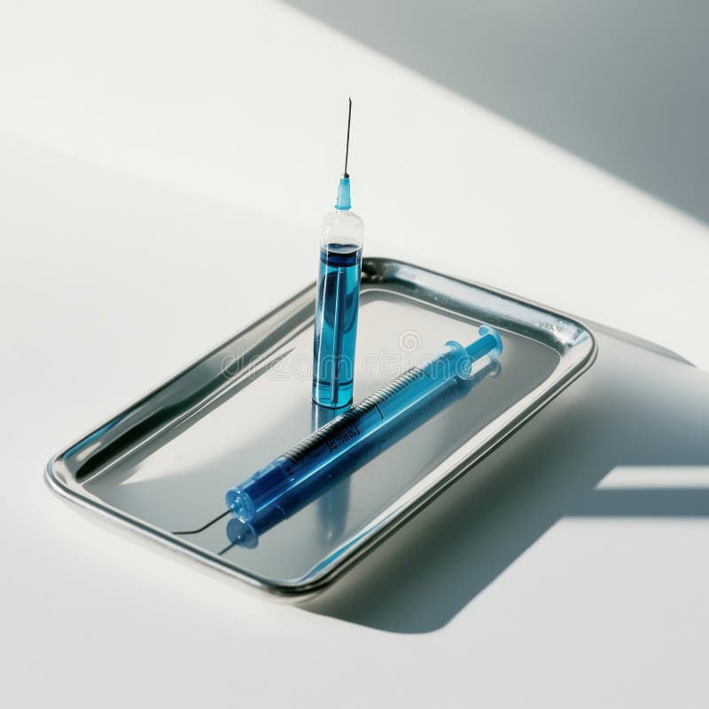 A Clean Medical Tray with Needles, Tools, and a Blue Solution. Stock ...