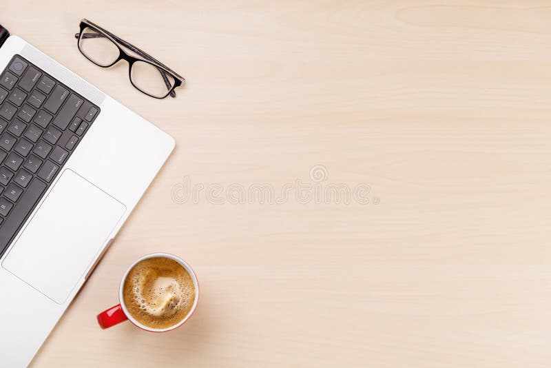 Clean Minimal Desk Setup Featuring Laptop Coffee Cup Stock Photos ...