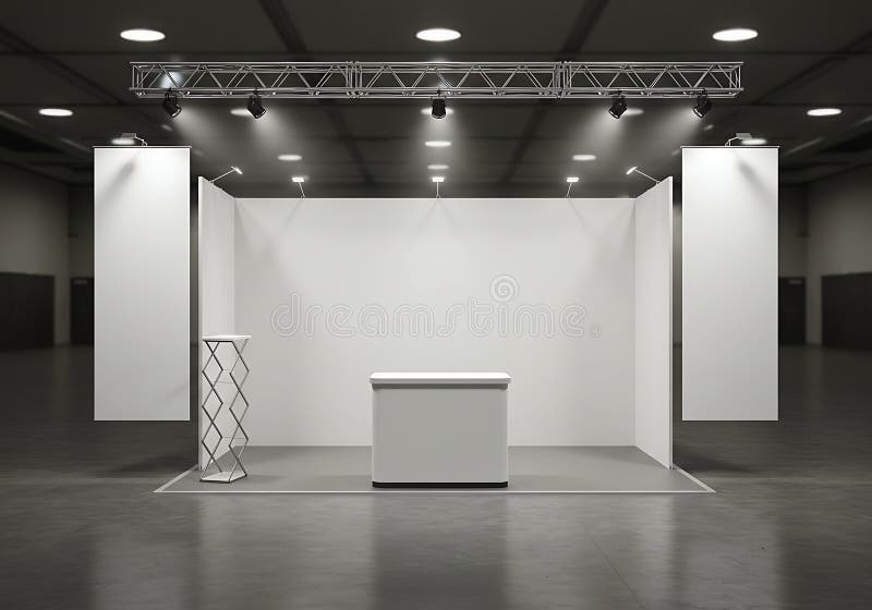 Minimalist Exhibition Booth in a Large Hall Illuminated by Spotlights ...