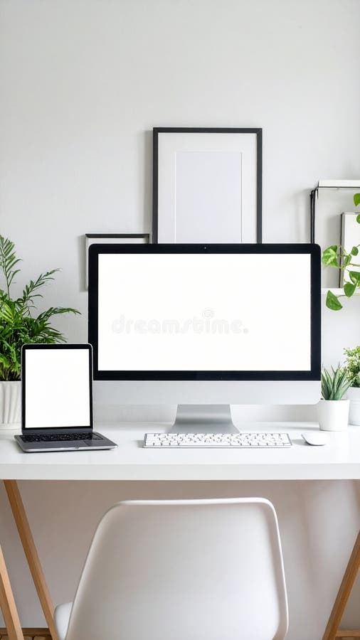 Clean Minimalist Home Office Desk with Blank Screen Desktop Computer ...