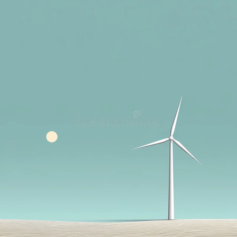 Minimalist Wind Turbine with Moon - Clean Energy Illustration with ...