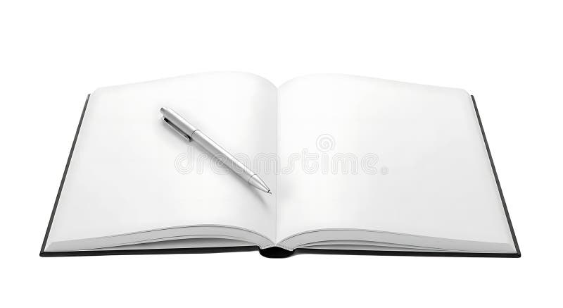 Open Journal with Blank Page and Resting Pen, Isolated on White ...