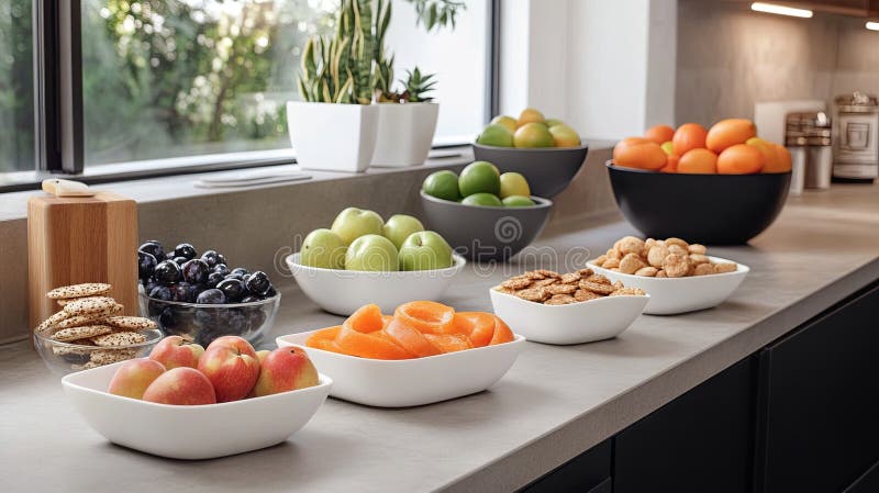 A Clean, Minimalist Kitchen Counter with Healthy Snacks and Fruit Stock ...