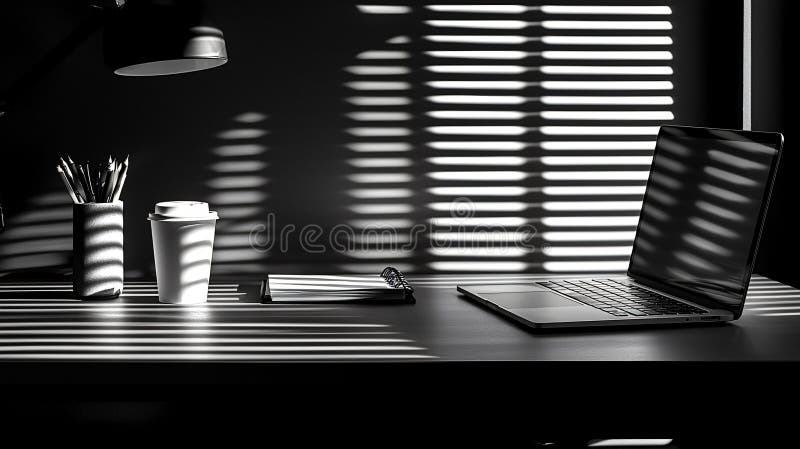 Clean Minimalist Office Desk with Sharp Shadows from Window Blinds at ...