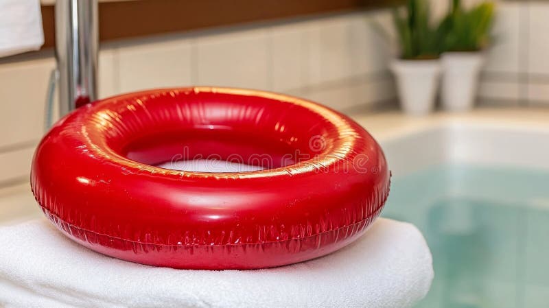 Clean, Minimalist Pool Edge Setting with White Towel and Red Inflatable ...