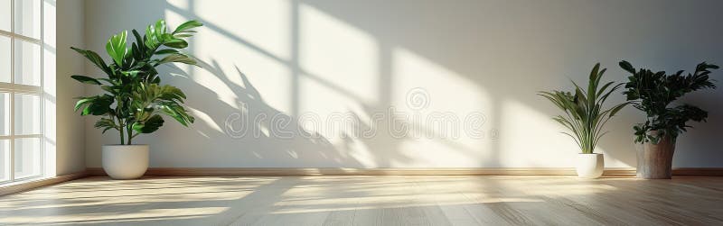 A Clean, Minimalist White Studio Room with Sunlight and Shadow Patterns ...