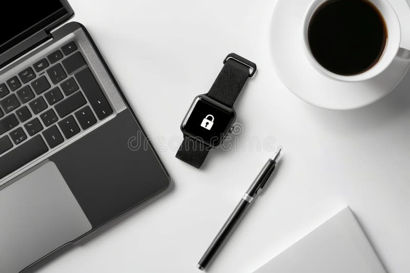 A Clean, Minimalist Workspace with a Smartwatch Showing a Lock Icon on ...
