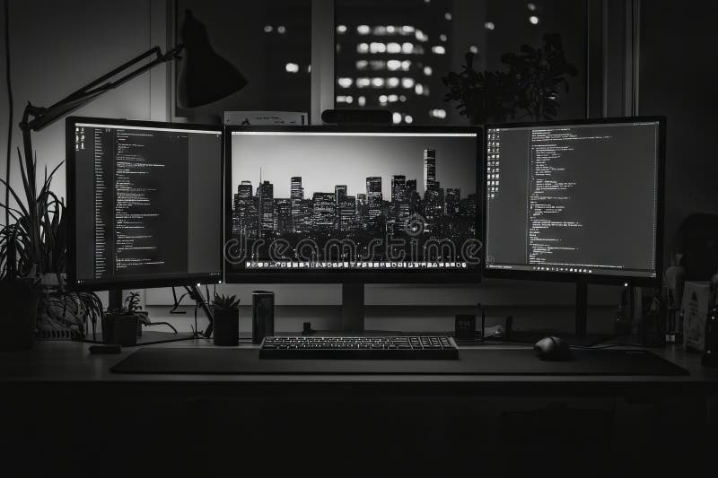 A Clean, Minimalist Workspace with Three Monitors. Stock Photo - Image ...