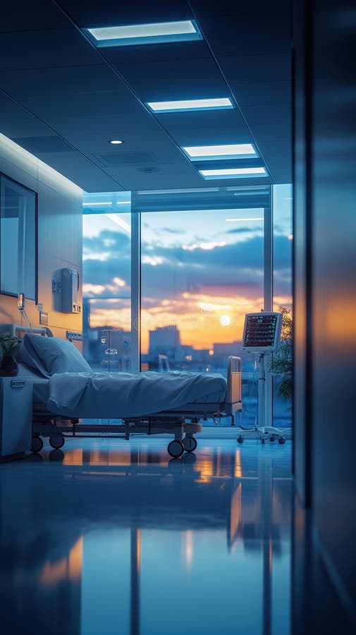 Clean and Minimalistic Hospital Room with Serene Sunset View Stock ...