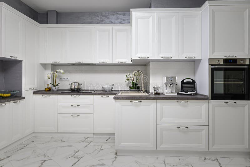 Modern White Kitchen, Clean Interior Design Stock Photo - Image of ...