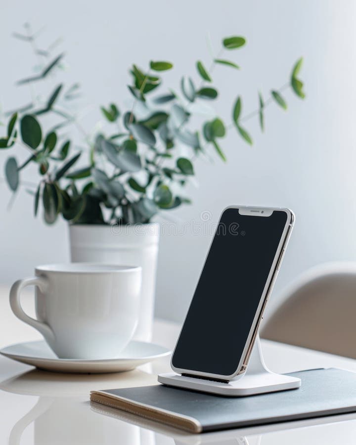 Minimalistic Phone Stand with Greenery and Coffee Generative AI Stock ...
